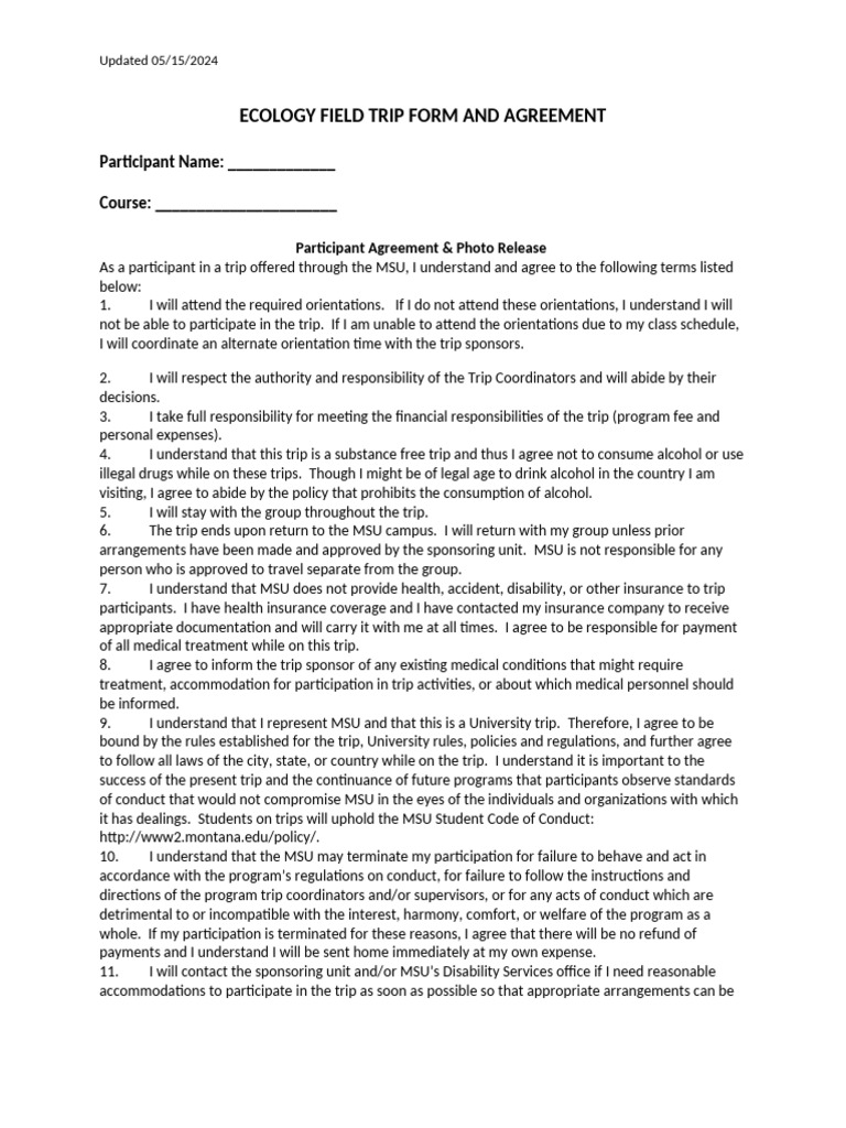 MSU Ecology Trip Agreement Form | PDF | Insurance | Social Science