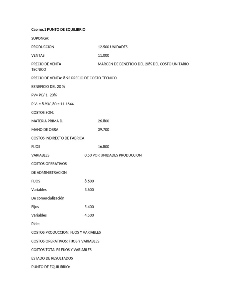 Caso No. 1 Punto de Edquilibrio Administracion | PDF
