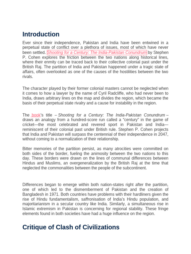 Shooting For A Century The IndiaPakistan Conundrum by Stephen P Cohen | PDF | Pakistan | India ...