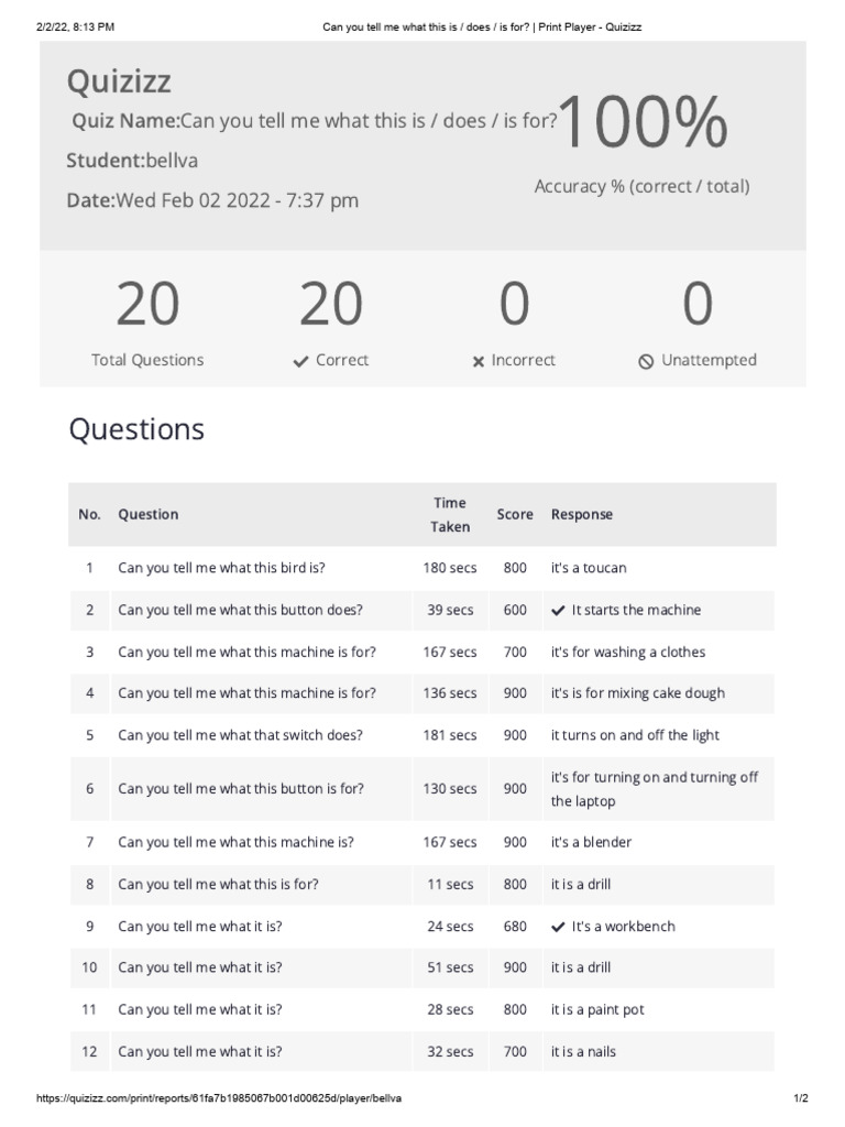 Can You Tell Me What This Is - Does - Is For - Print Player - Quizizz | PDF