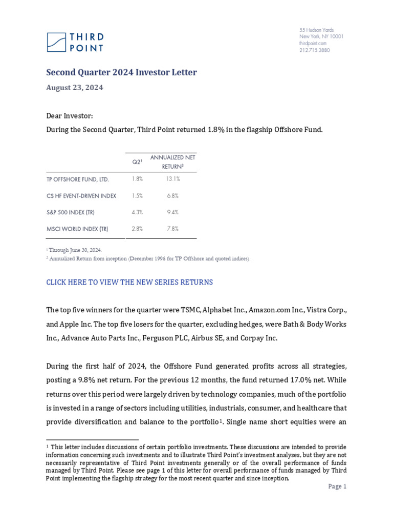 Third Point q2 2024 Investor Letter - Tpil - q2 | PDF | Investing ...