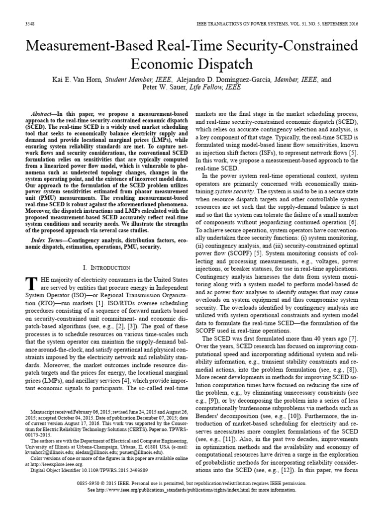 Measurement-Based Real-Time Security-Constrained Economic Dispatch | PDF