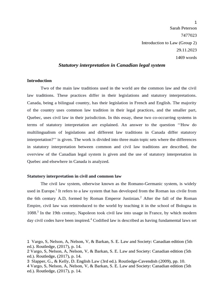 Statutory Interpretation in Canadian Legal System | PDF