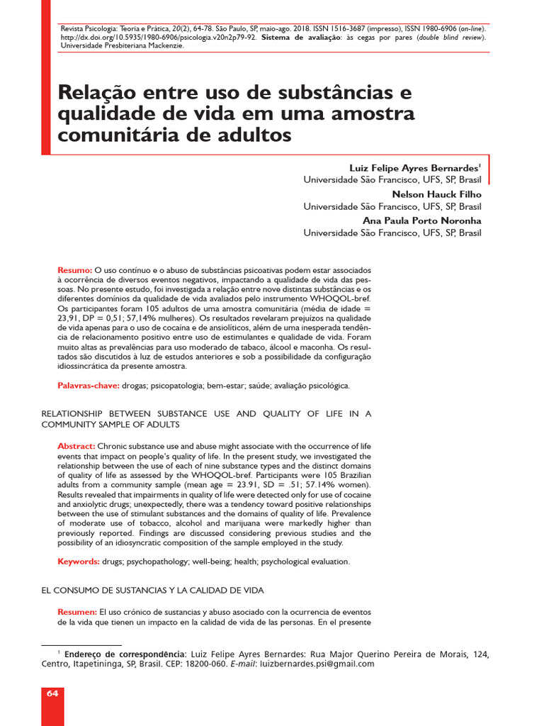 Relação Entre Uso de Substâncias e Qualidade de Vida em Uma Amostra ... Relação Entre Uso de Substâncias e Qualidade de Vida em Uma Amostra ...
