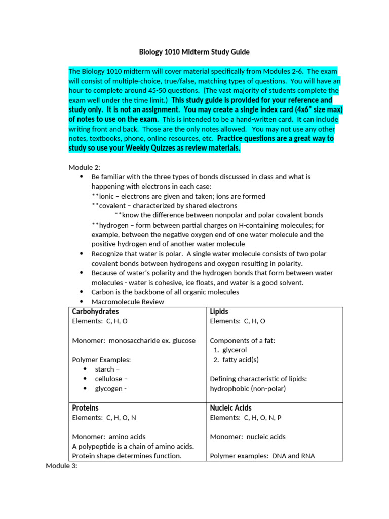 Biology 1010 Midterm Study Guide | PDF