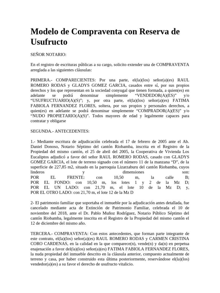 Modelo de Compraventa Con Reserva de Usufructo | PDF
