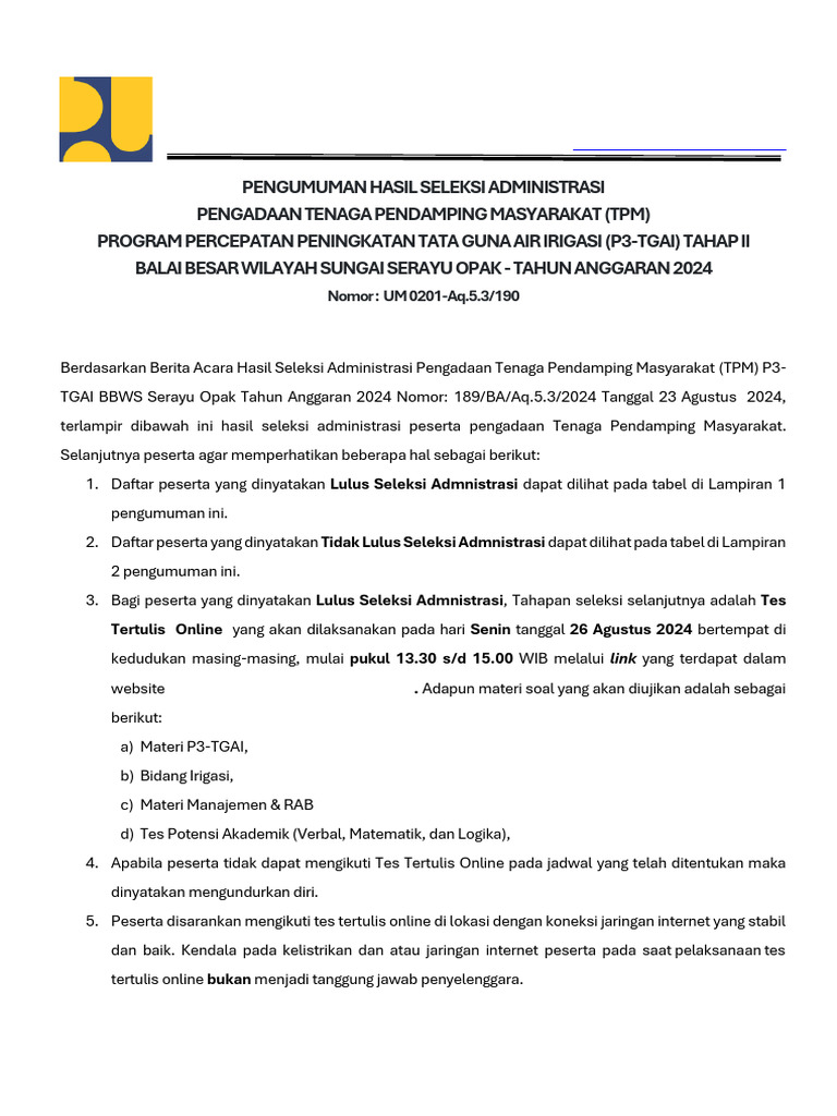 Pengumuman Lolos Seleksi Administrasi | PDF