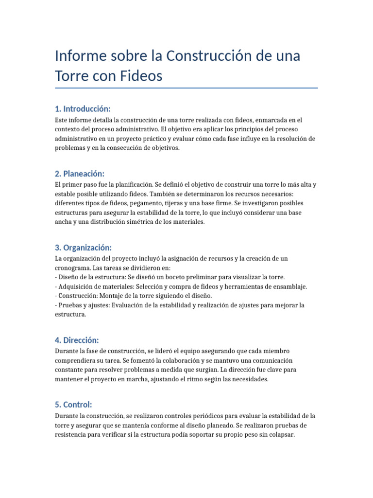 Informe Torre Fideos Proceso Administrativo | PDF
