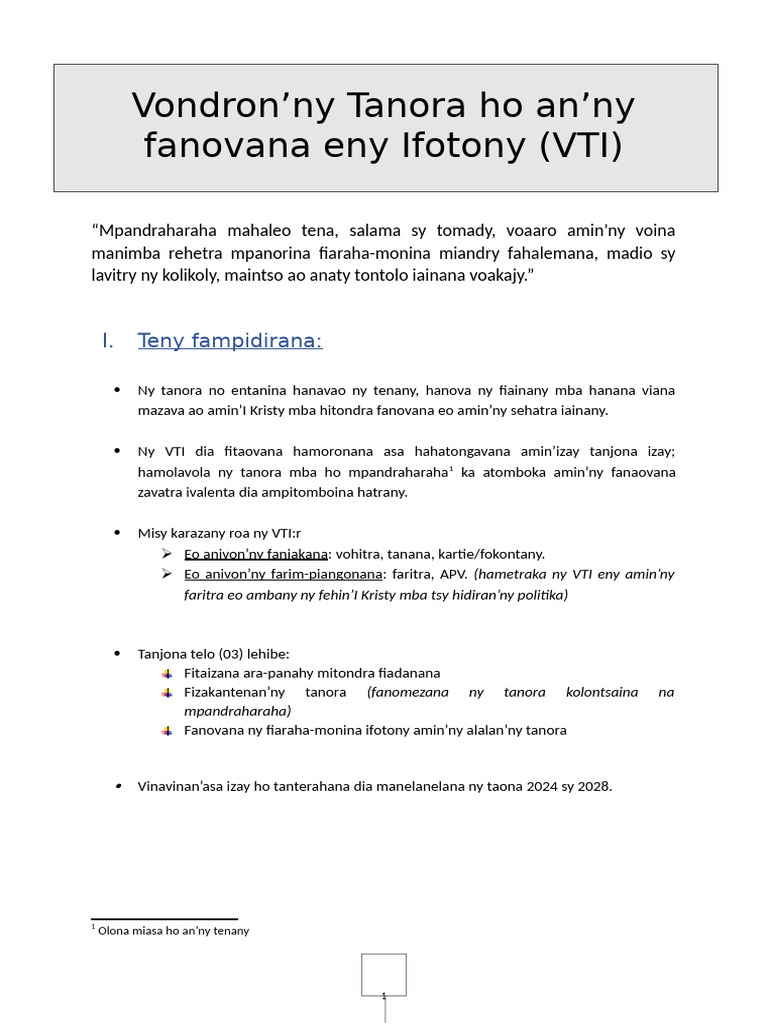 Vondron'ny Tanora Ho An'ny Fanovana Eny Ifotony (VTI) : I. Teny Fampidirana | PDF