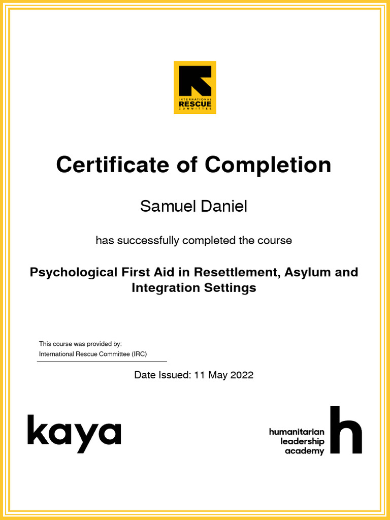 Psychological First Aid in RAI - Completion Certificate | PDF