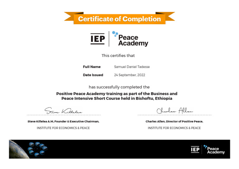 9 Peace Academy Certificate Bishoftu Ethiopia Sam | PDF