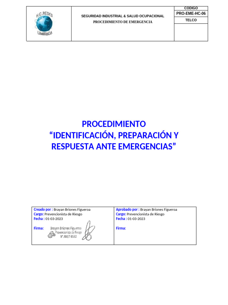 Procedimiento de Emergencia Grupo H.C.REDES LTDA. | PDF