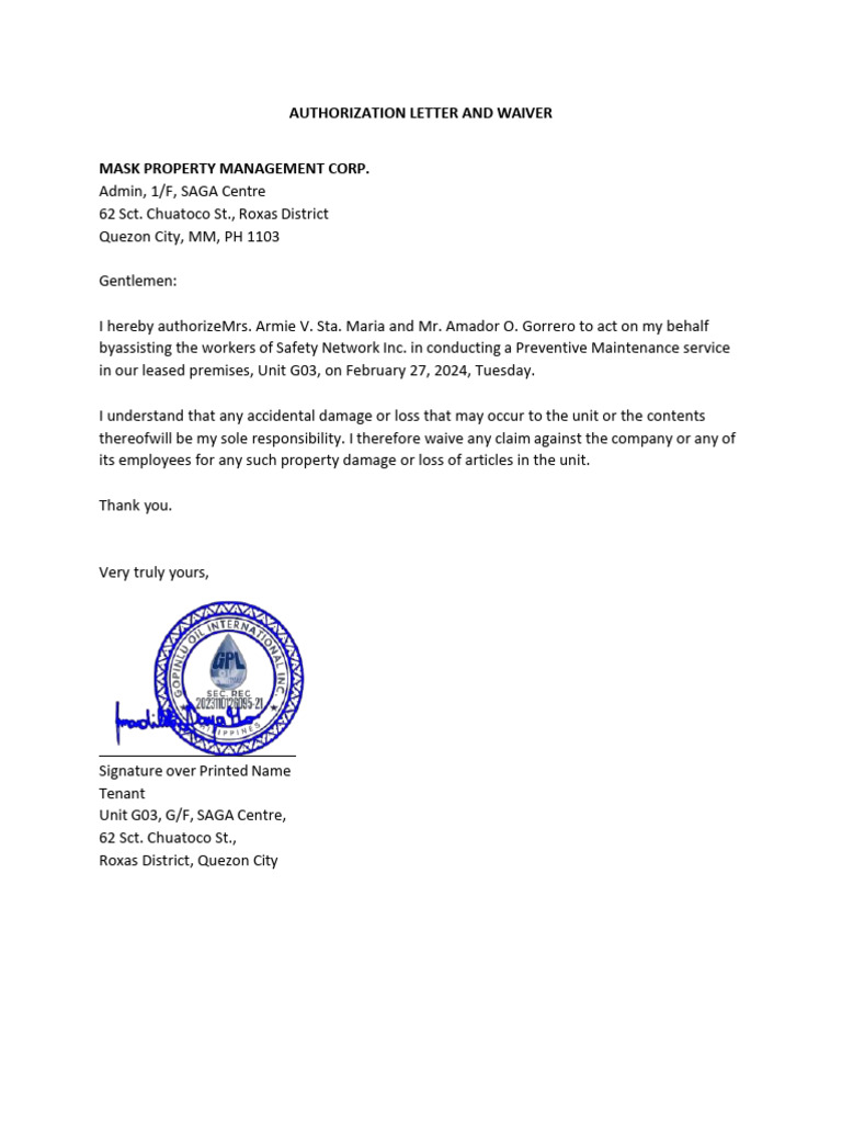 G03 - SNI PMS - Authorization Letter and Waiver | PDF