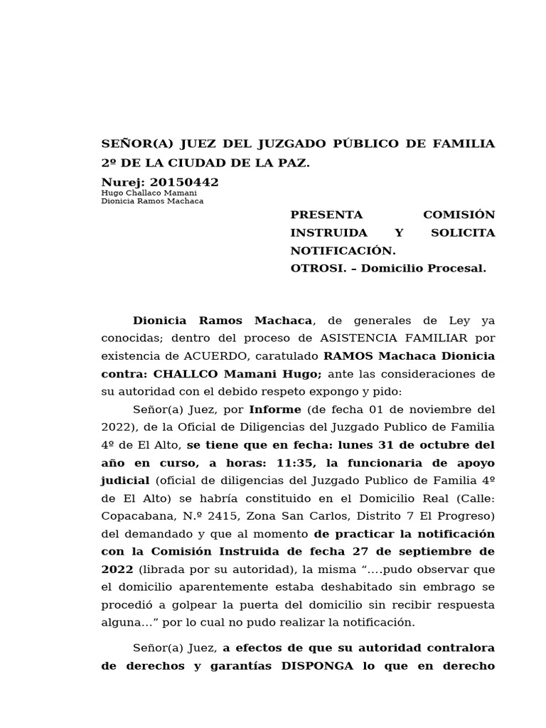 PLANTILLA FAMILIA Presenta Comision Instruida y Solicita Cumpla Notificacion | PDF