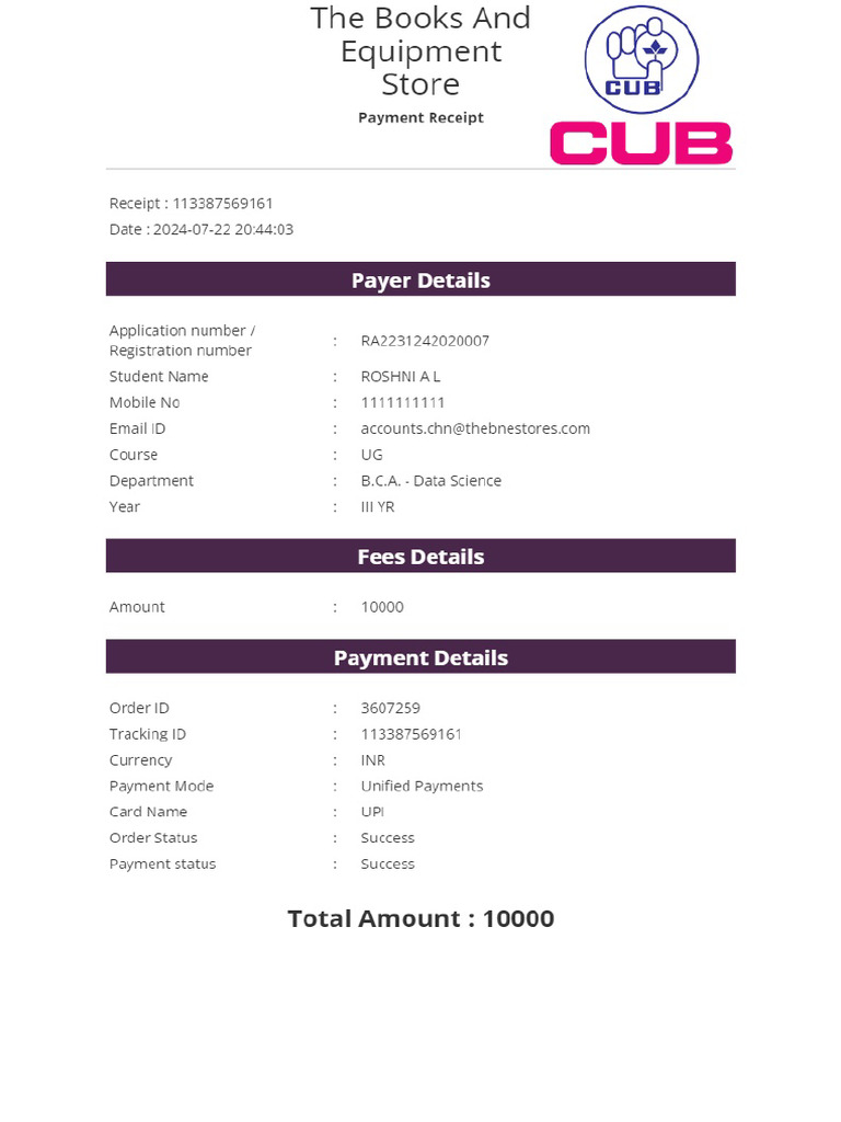 RA2231242020007 Roshni Fees | PDF