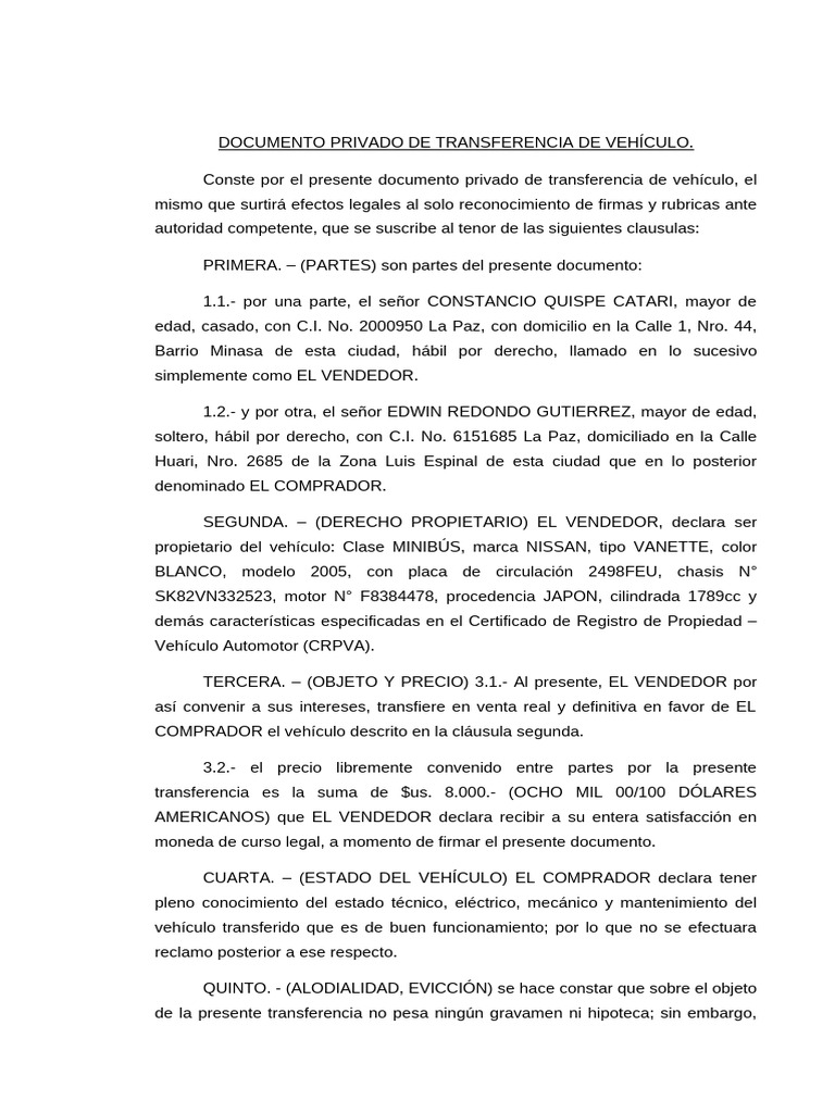 DOCUMENTO PRIVADO DE Vehiculo | PDF