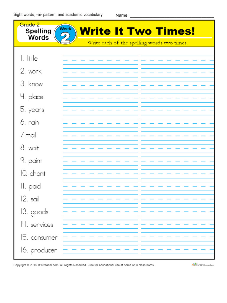 Second Grade Spelling Words List - Week 2 - K12reader | PDF