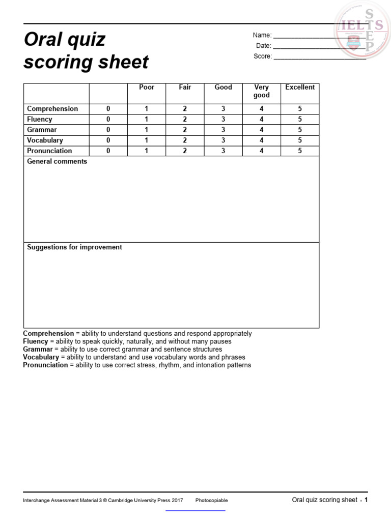 Oral Quiz Scoring Sheet | PDF