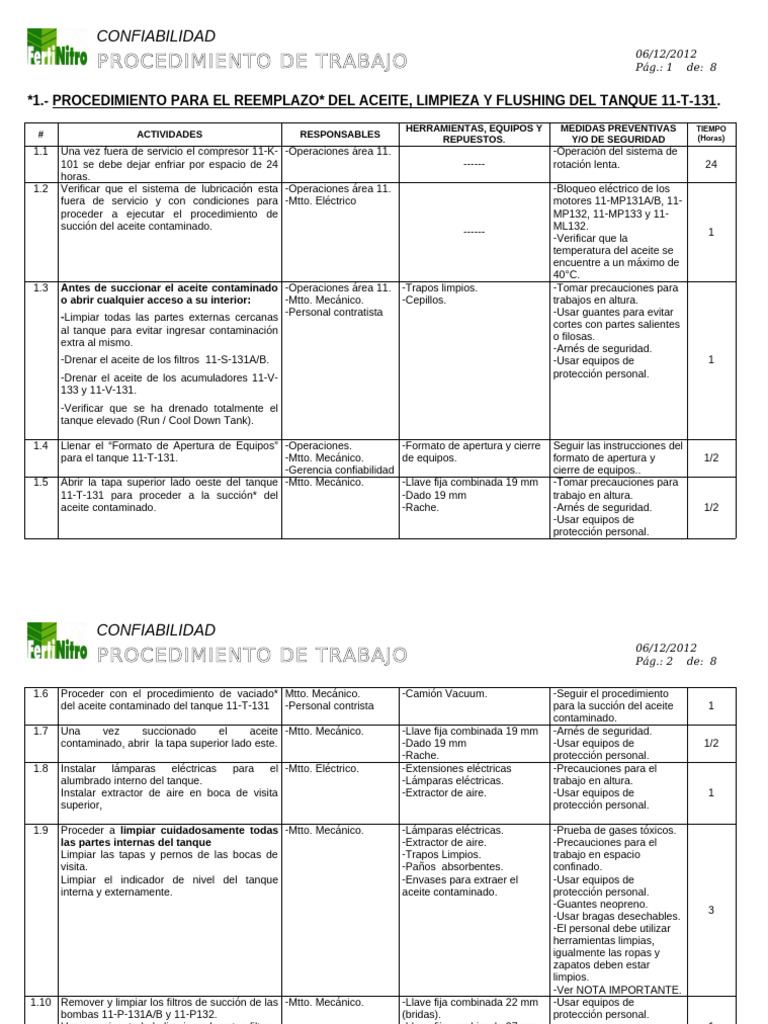 Procedimiento Flushing Tanques Aceite | PDF