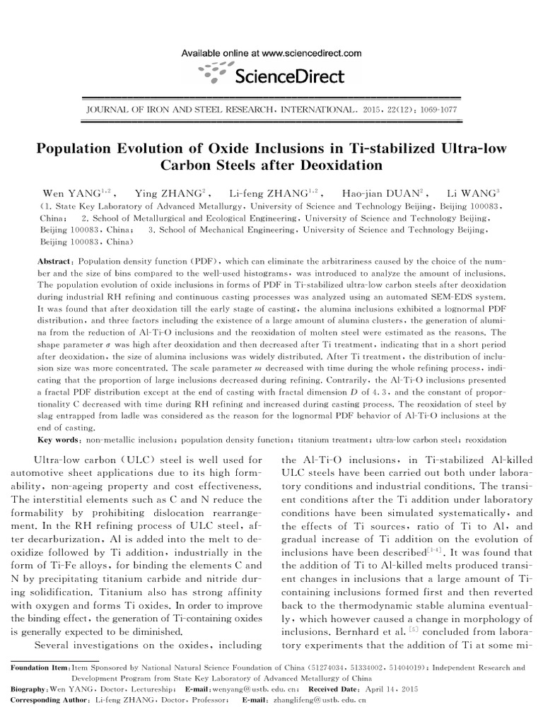 Population Evolution of Oxide Inclusions in Ti-Stabilized Ultra-Low ...
