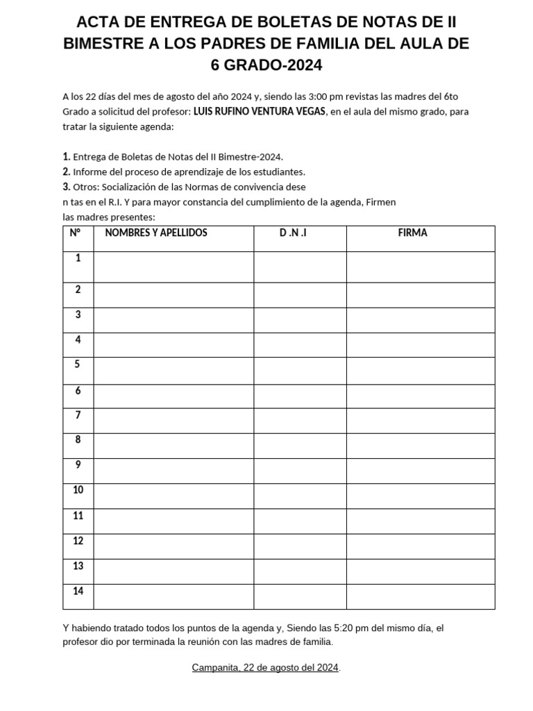 Acta de Entrega de Boletas de Notas de II Bimestre A Los Padres de ...