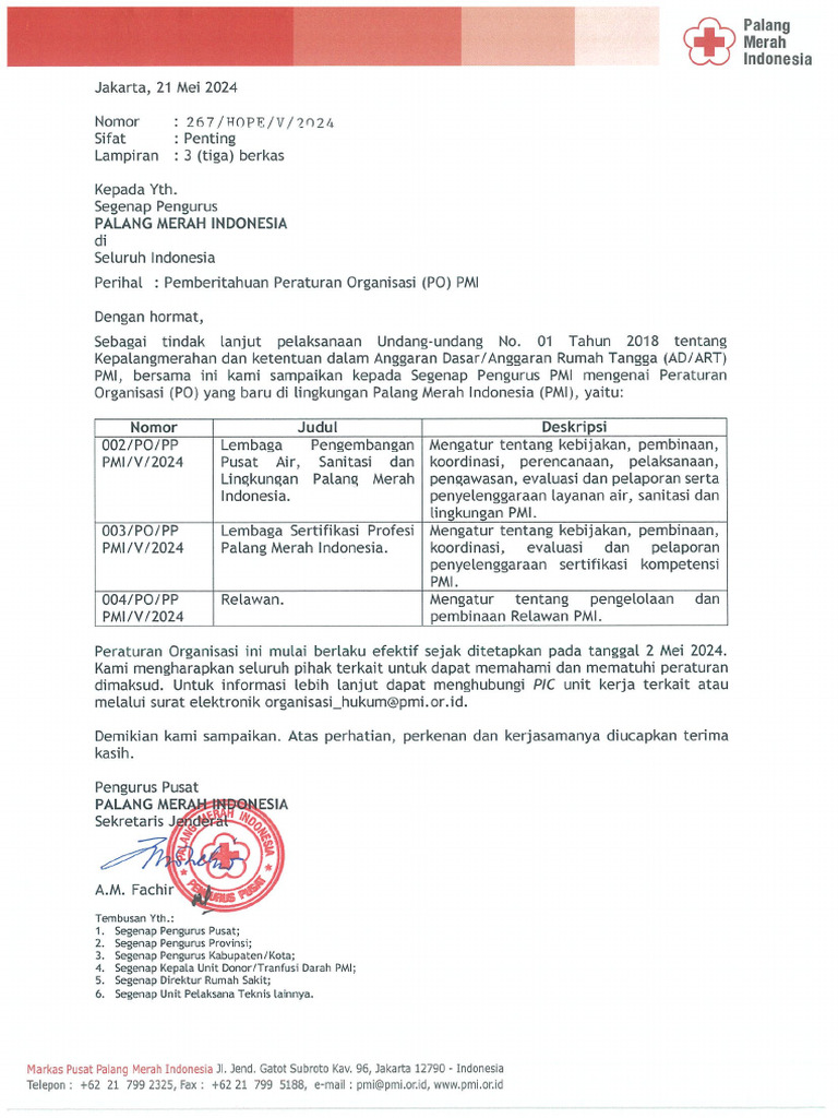 Surat Pemberitahuan Peraturan Organisasi PMI | PDF