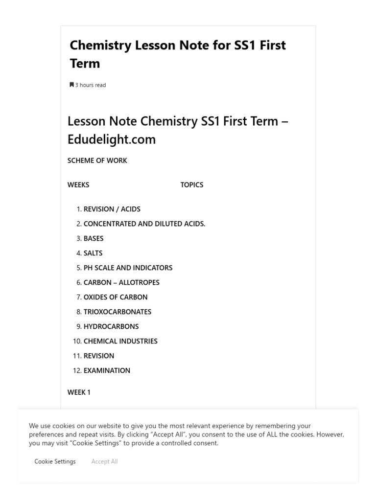 Chemistry Lesson Note For SS1 First Term | PDF | Hydroxide | Acid