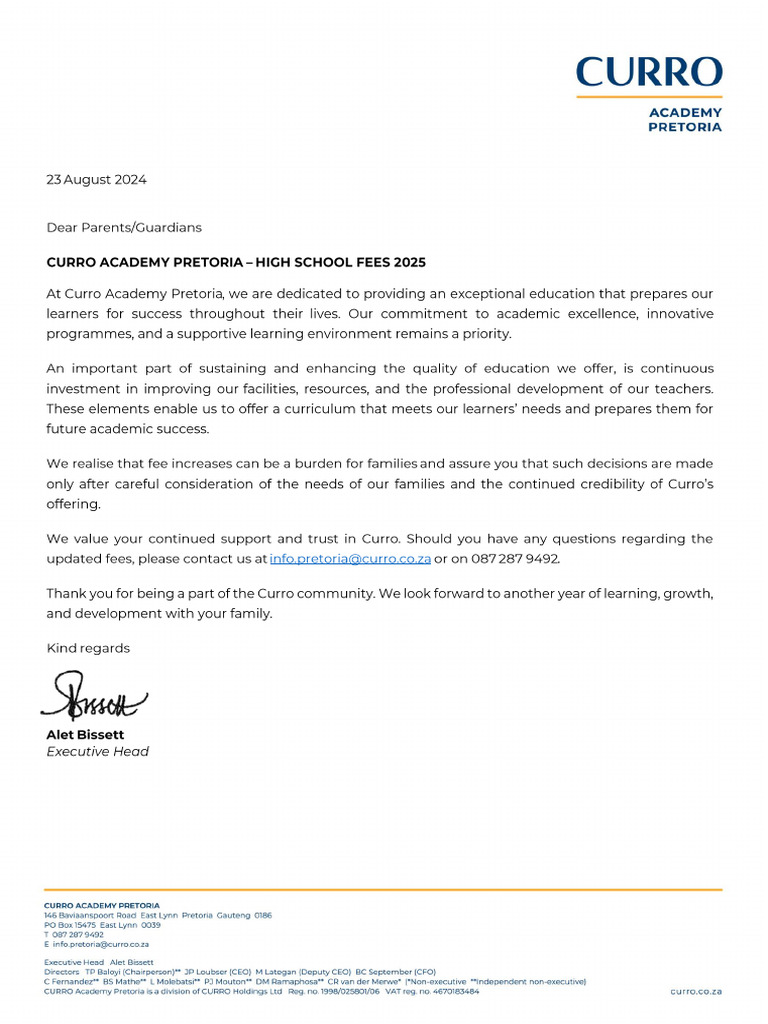 Curro Academy Pretoria - 2025 High School Fee Letter - FINAL | PDF