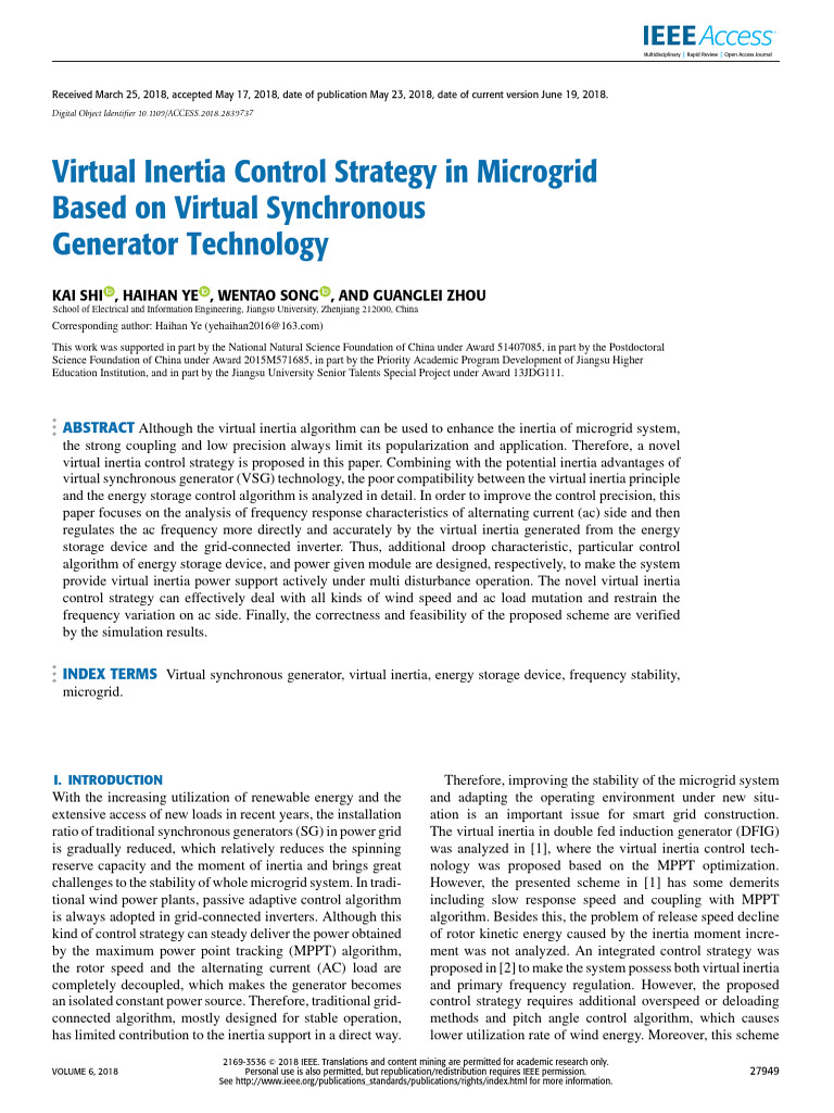 Virtual Inertia Control Strategy in Microgrid Based On Virtual Synchronous Generator Technology ...