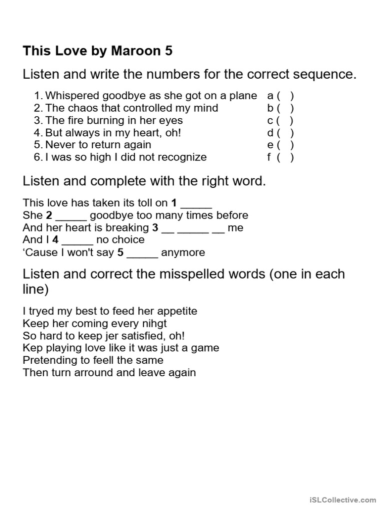 This Love by Maroon 5 Worksheet - ORIGINAL | PDF