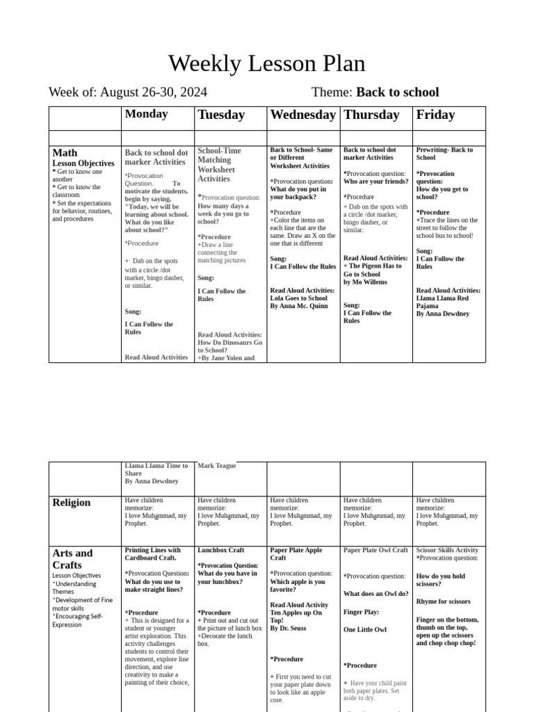 weekly lesson plan back to school aug 26-30, 2024 | PDF