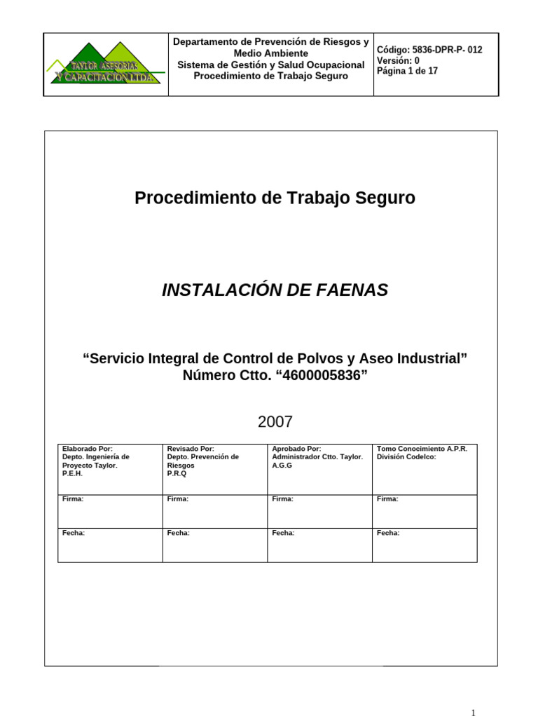 12 - Procedimento Instalación Faenas | PDF