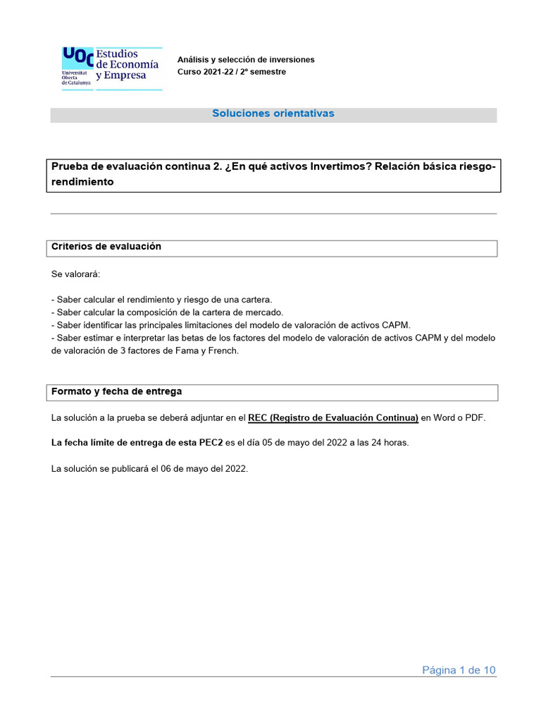 An Lisis y Selecci N de Inversiones SolPEC2 1 PDF | PDF | Coeficiente ...