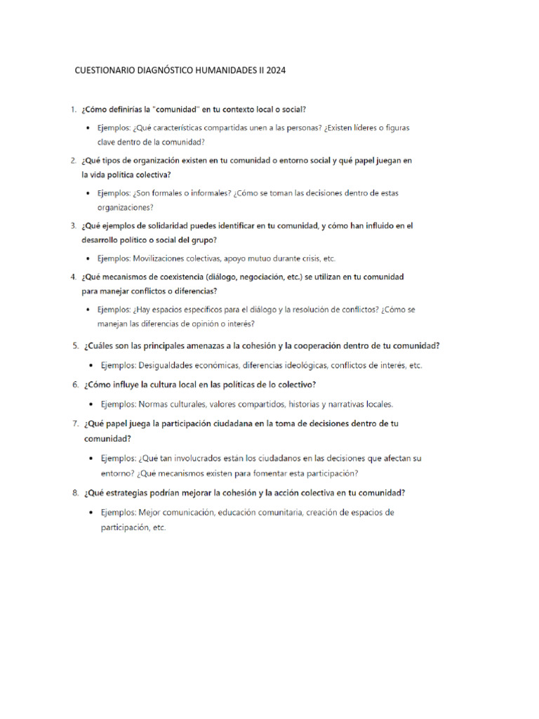 Cuestionario Diagnóstico Humanidades Ii 2024 | PDF