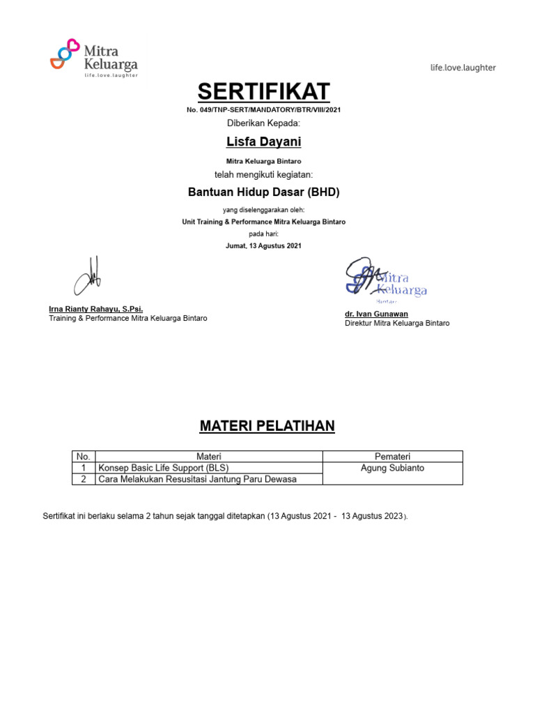 Sertifikat Pelatihan Bantuan Hidup Dasar (BHD) - Lisfa Dayani - Jumat ...