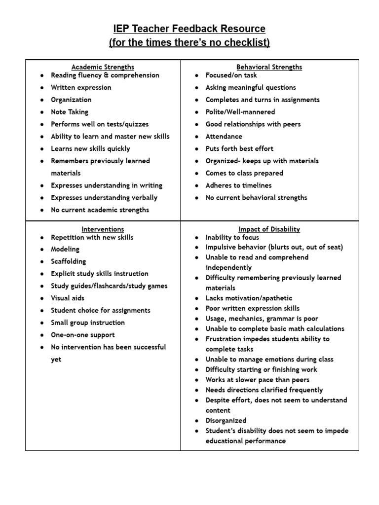 IEP Teacher Feedback | PDF