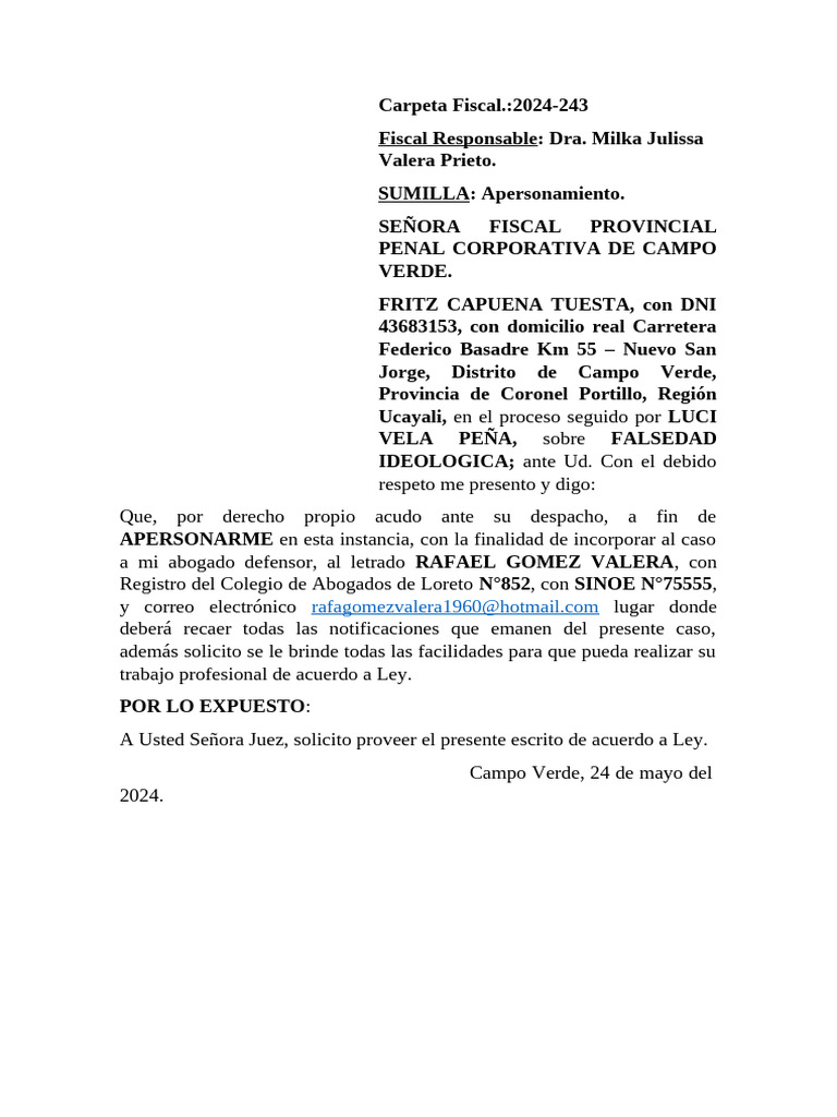 Apersonamiento Caso 2024-243 - Fritz Capuena Tuesta - Campo Verde | PDF