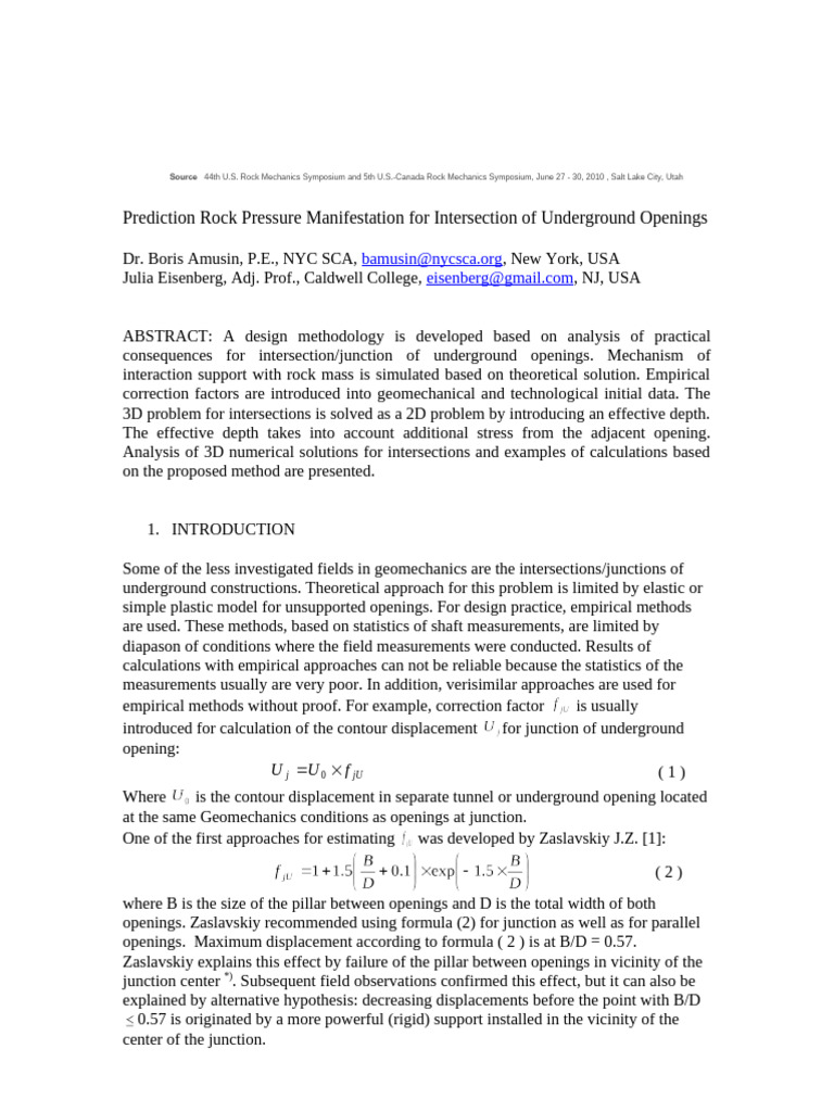 Design Support For Intersection of Underground Openings | PDF