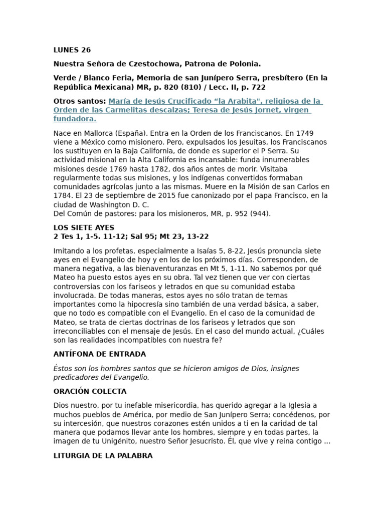 Misal Lecturas Lunes San Junipero de Serra | PDF