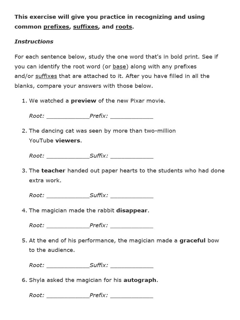 Root Word and Affix Practice Worksheet | PDF