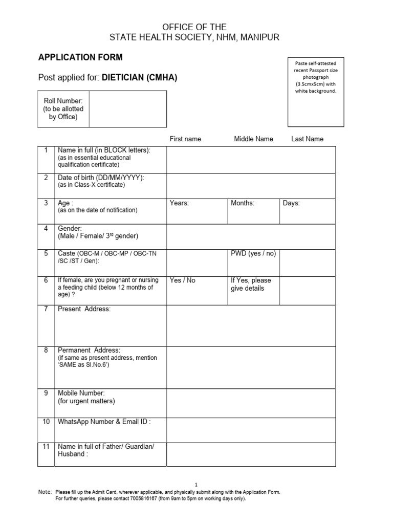 Form For DIETICIAN Recruitment Under NHM | PDF | Dietitian