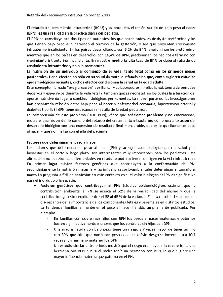 El Retardo Del Crecimiento Intrauterino Resumen | PDF