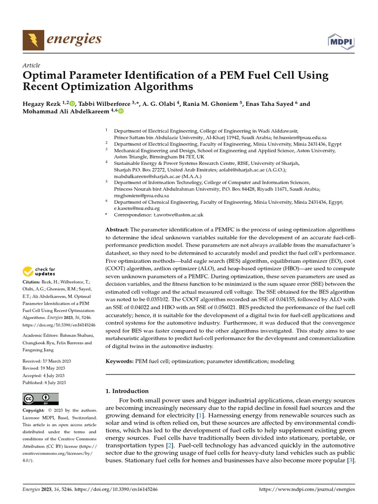 Rezk2023 - PEMFC Optimization Algorithms | PDF