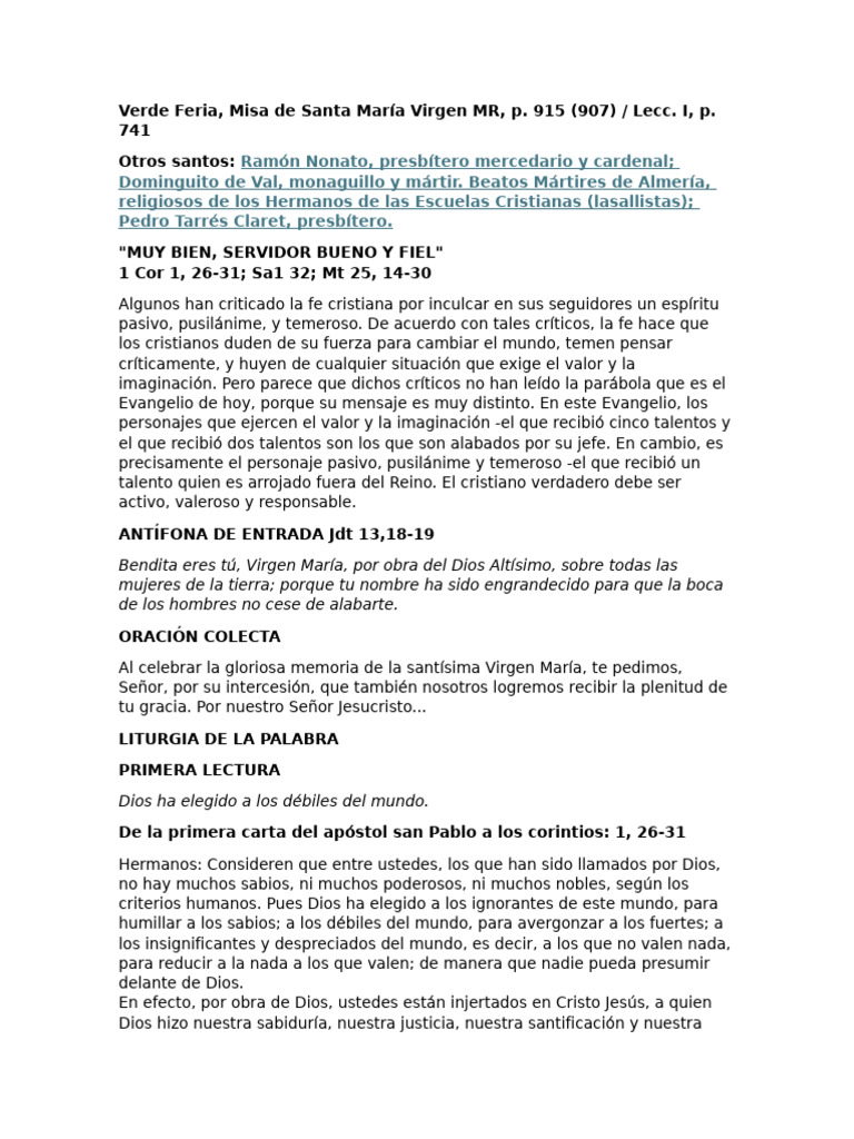 Misal Lecturas Santa Maria | PDF | María, madre de Jesús | Religión y ...