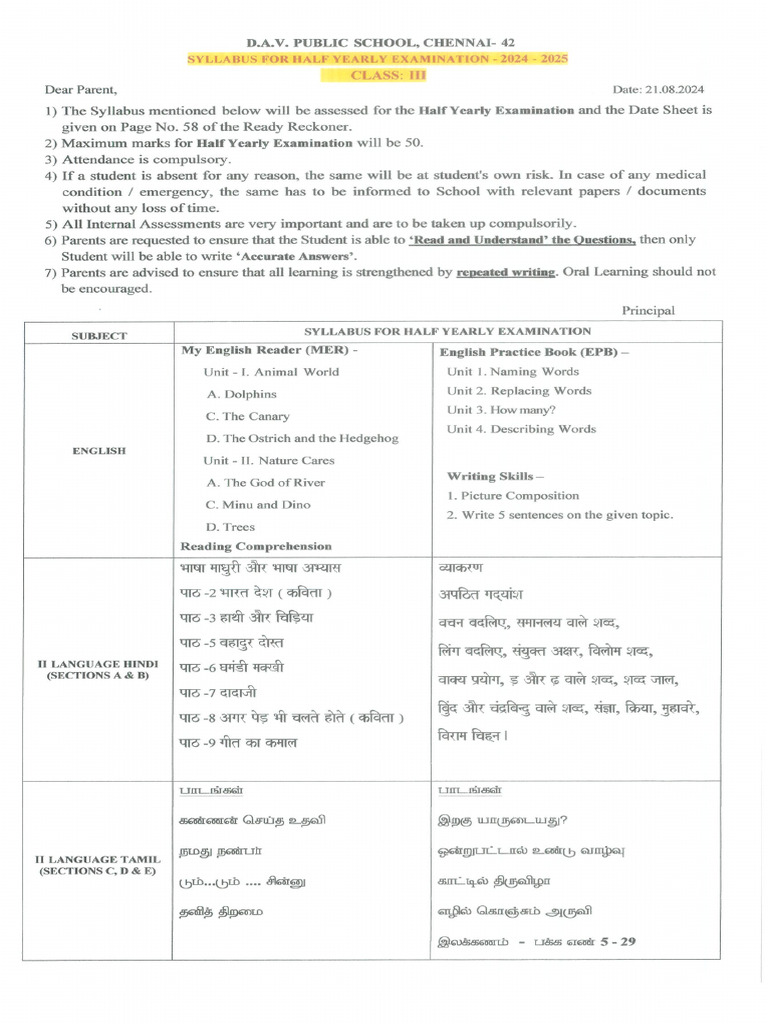 STD. III HALF YEARLY SYLLABUS 24-25 | PDF