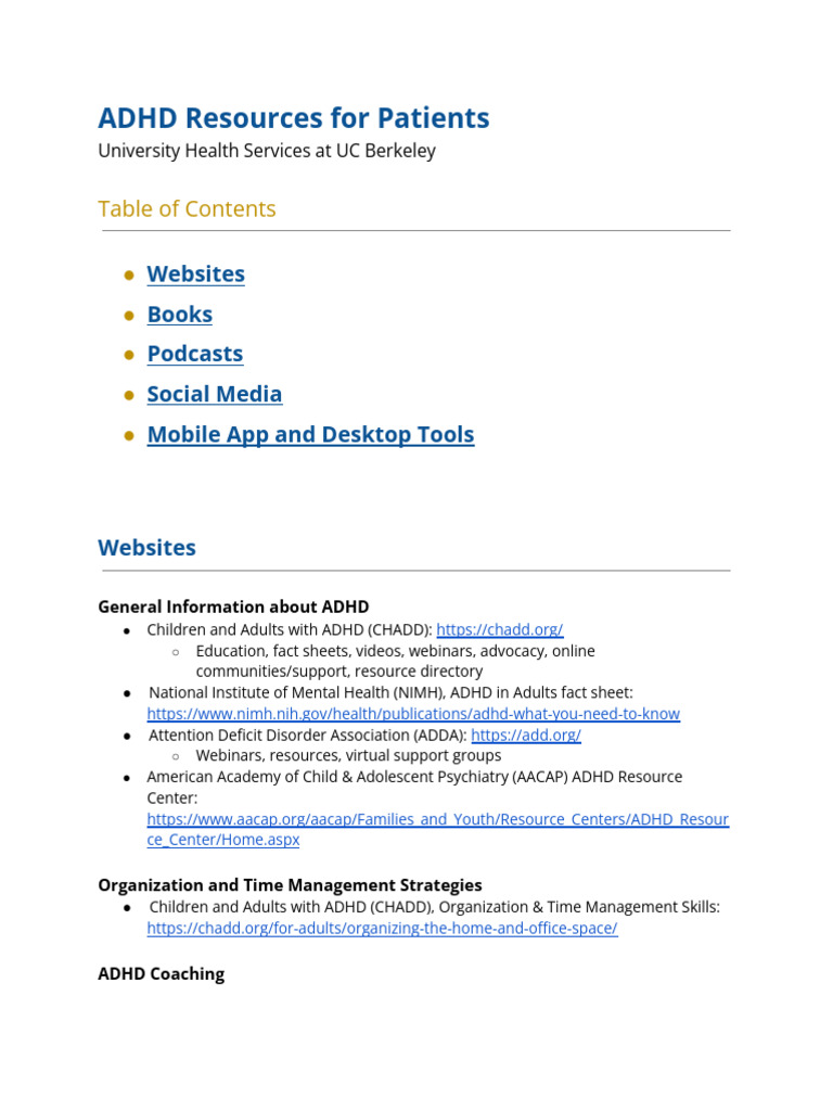 Adhd Resources For Patients | PDF