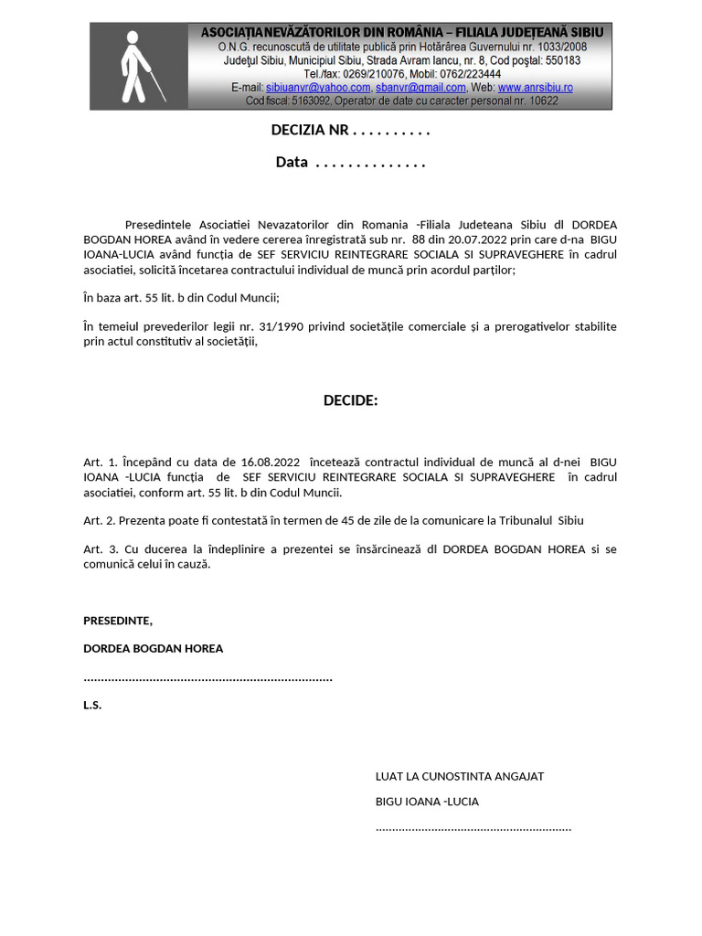 Model Decizie Incetare Cim Art 55 B Acordul Partilor | PDF