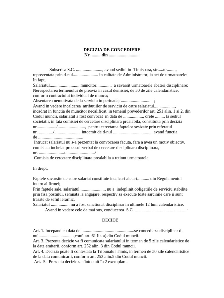 Decizie CONCEDIERE Model | PDF