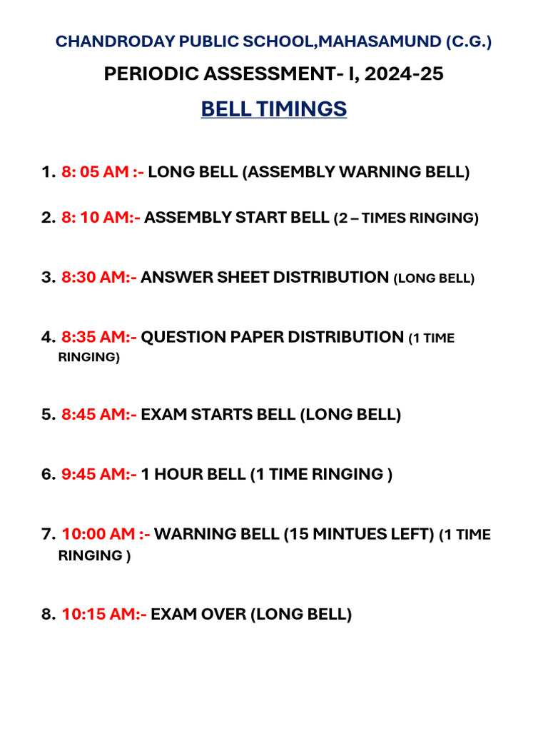 Bell Timings for p.a. i Exam, 2024-25 | PDF