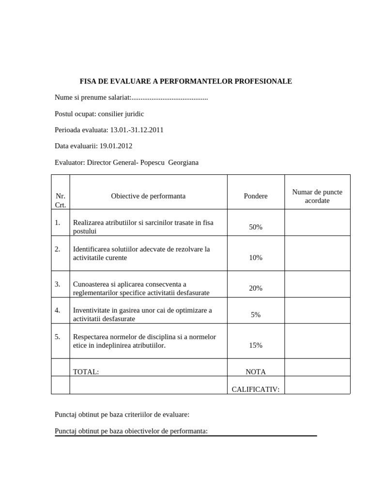Fisa de Evaluare A Performantelor Prof Curs | PDF